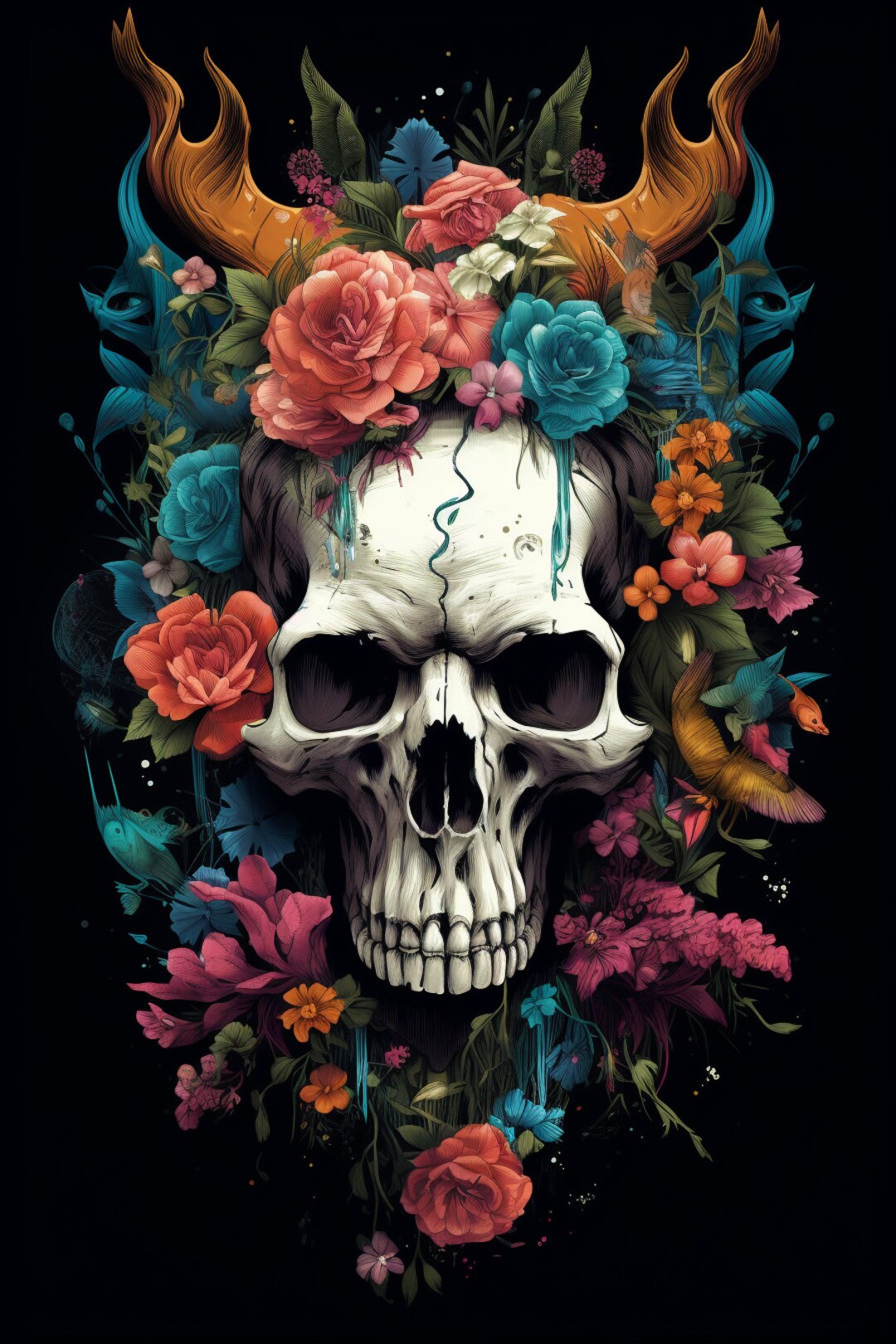 Boho Skull Art Print, Sugar Skull Instant Download Printable Home Decor ...