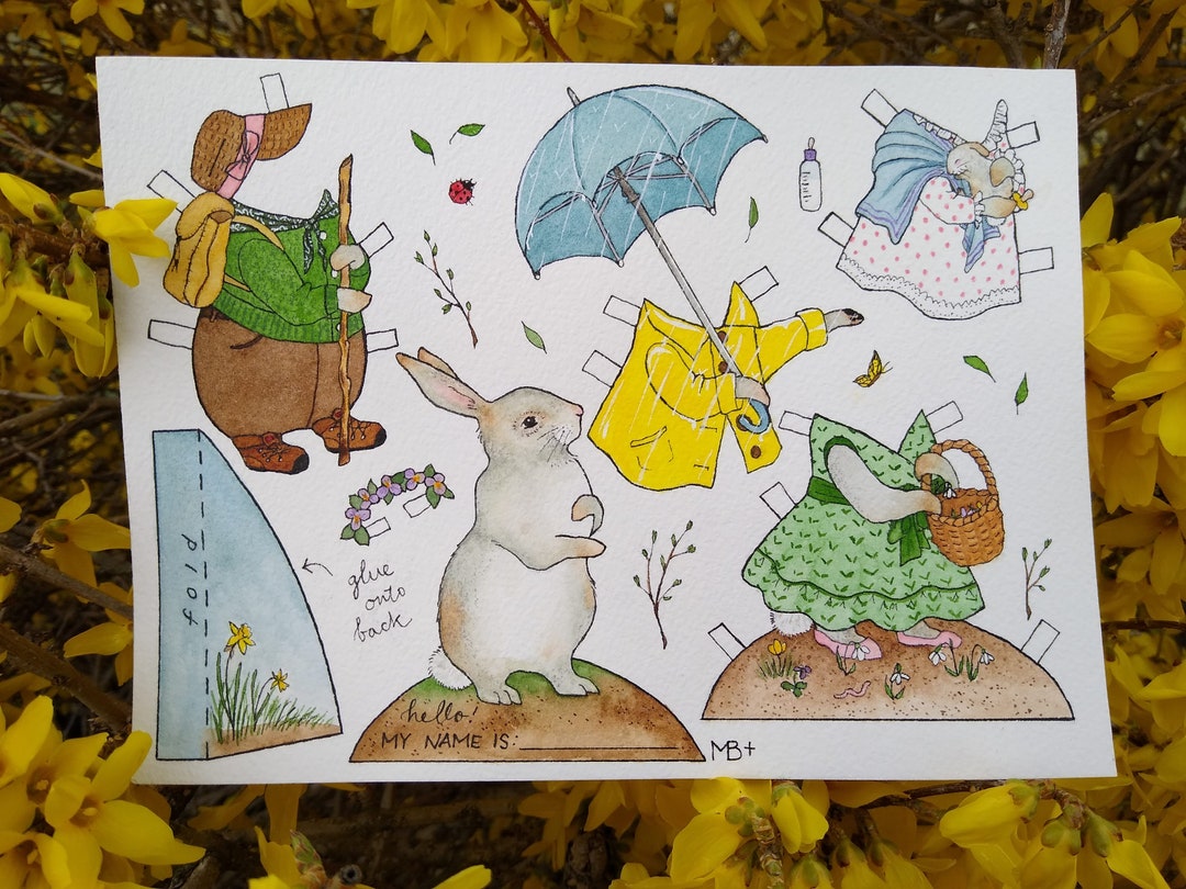 Spring Bunny Paper Doll Card for Easter Spring Card Rabbit Paper Doll ...