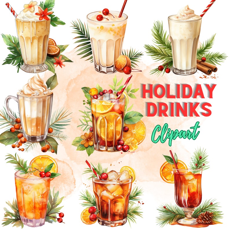 Christmas Drink Clipart Bundle, Watercolor Holiday Drinks, Hot Cocoa ...