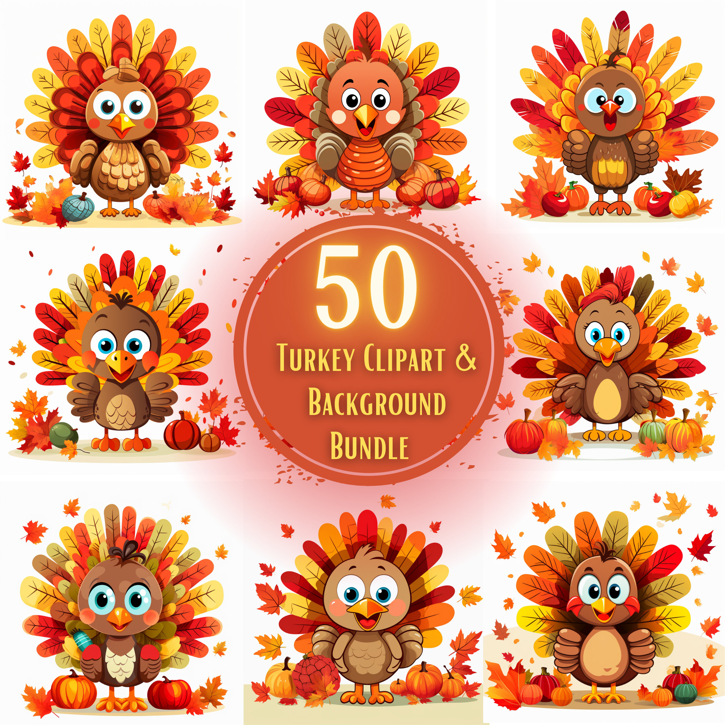 Turkey Clipart, Funny Turkey Face, Thanksgiving Clipart Bundle, Premade ...