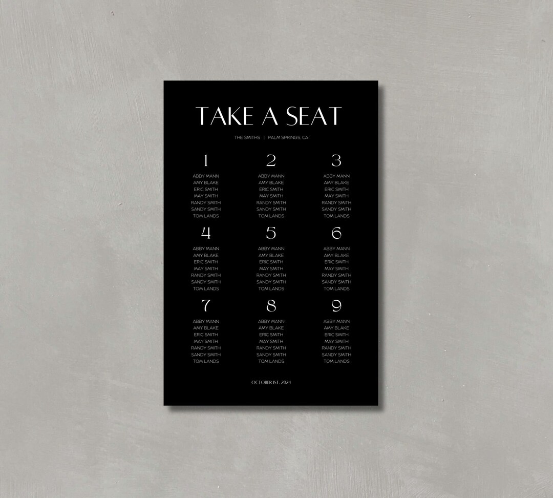 Wedding Table Seating Chart Sign Black and White Modern Seating Chart ...