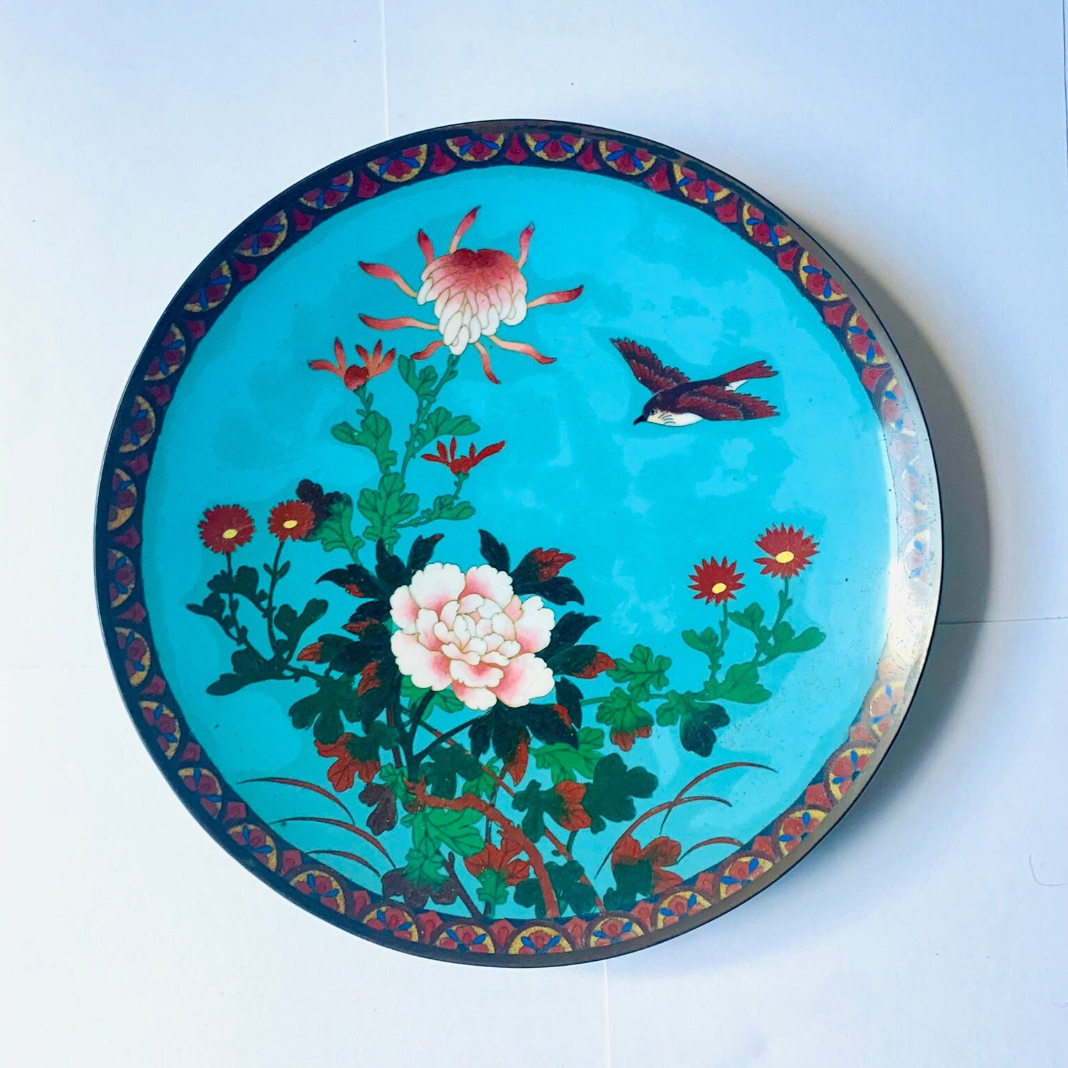 A Pair of Antique Meiji Period Japanese Cloisonne Cyan Display Plates ...