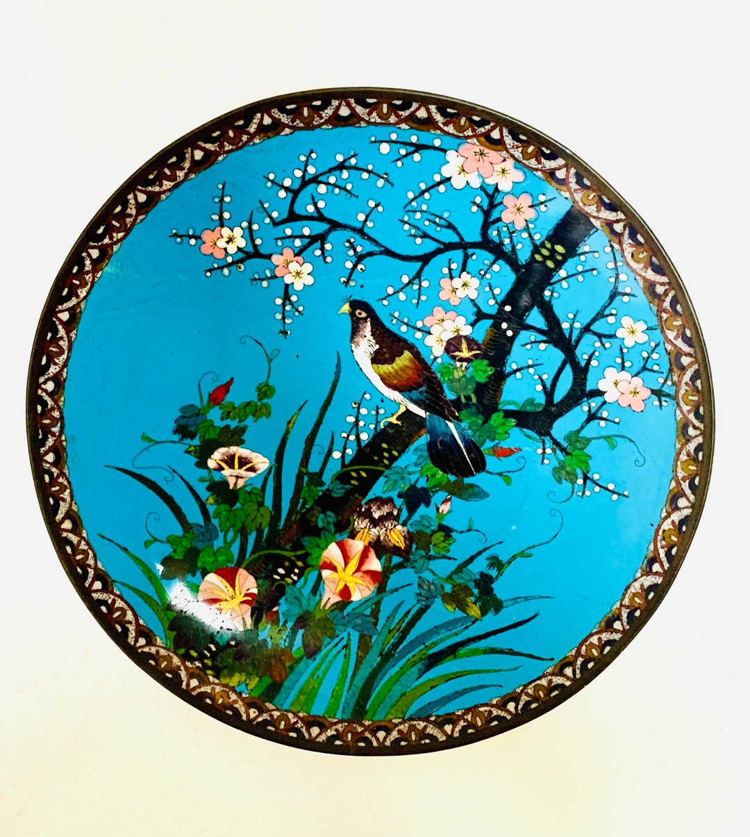 Antique Japanese Meiji Period Cloisonne Charger With Pigeon and Flowers ...
