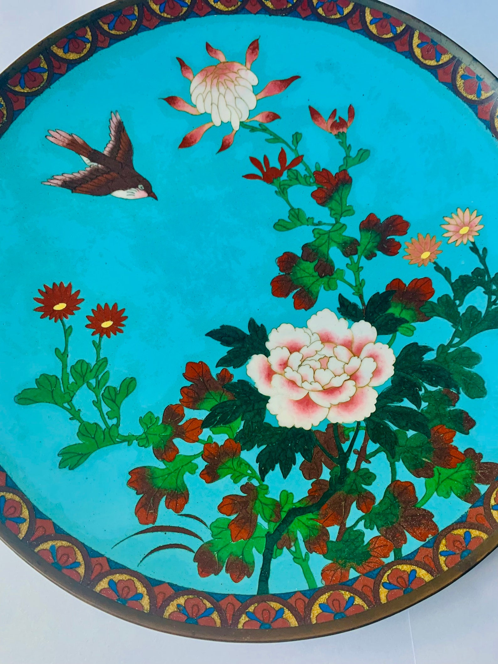 A Pair of Antique Meiji Period Japanese Cloisonne Cyan Display Plates ...