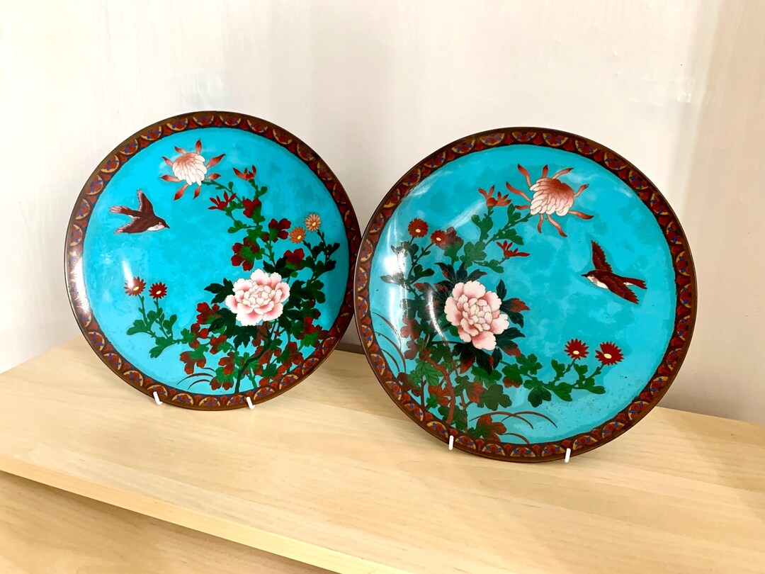 A Pair of Antique Meiji Period Japanese Cloisonne Cyan Display Plates ...