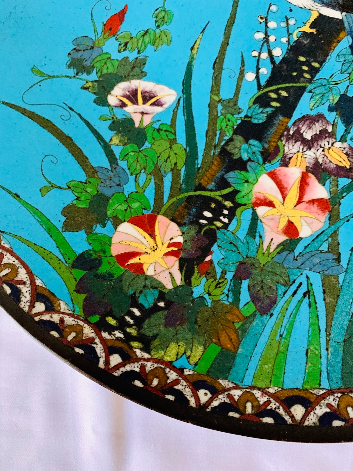 Antique Japanese Meiji Period Cloisonne Charger With Pigeon and Flowers ...