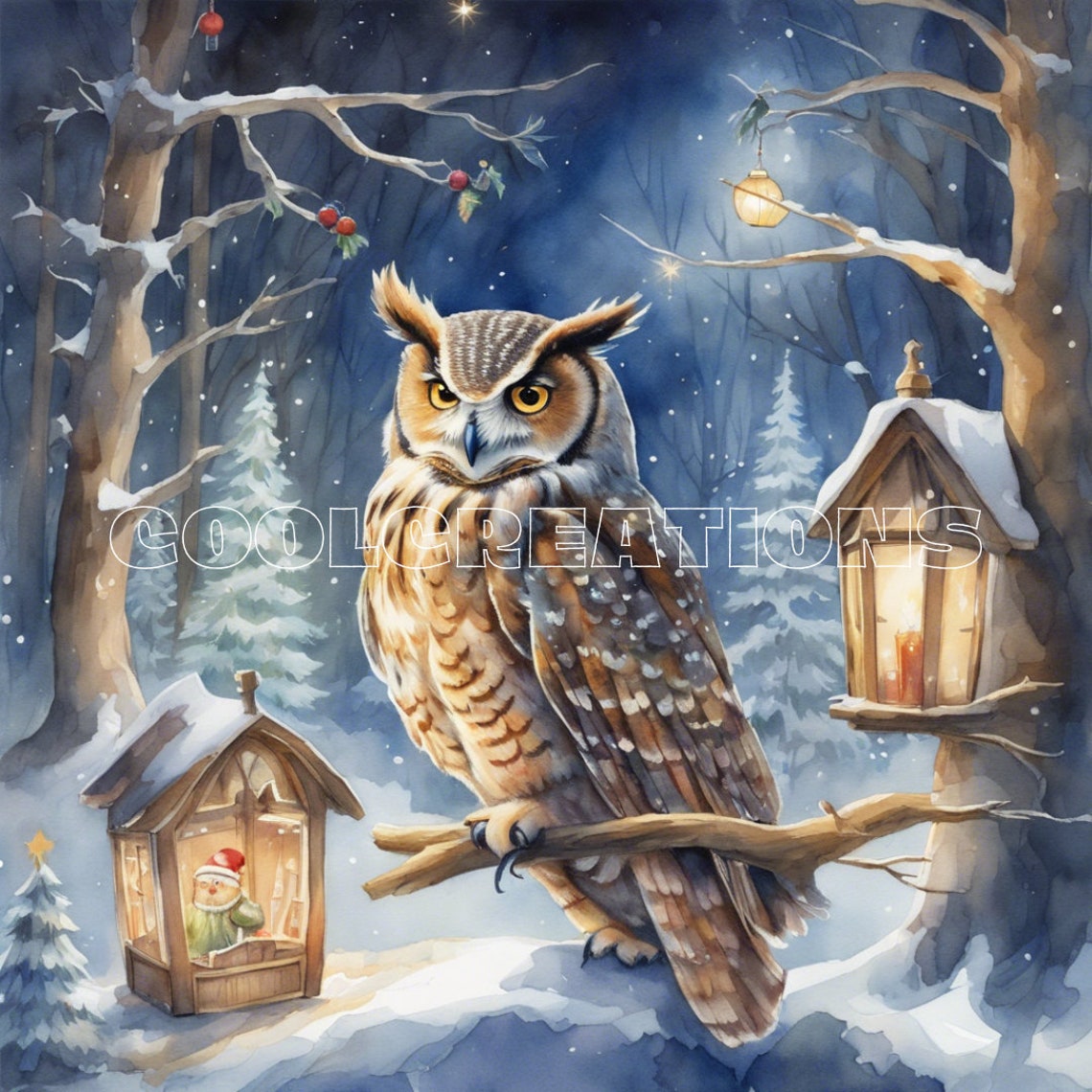 Christmas Owl Art, 8 High Quality Jpgs, Winter DIY, Crafts, Scrapbook ...