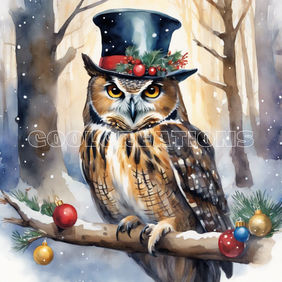 Christmas Owl Art, 8 High Quality Jpgs, Winter DIY, Crafts, Scrapbook ...