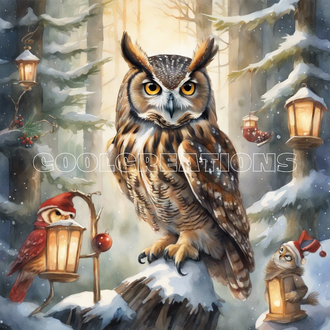 Christmas Owl Art, 8 High Quality Jpgs, Winter DIY, Crafts, Scrapbook ...