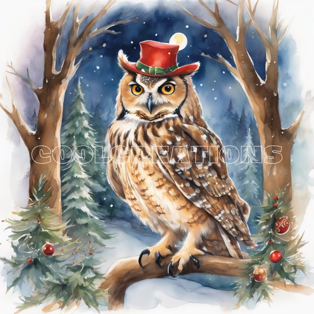 Christmas Owl Art, 8 High Quality Jpgs, Winter DIY, Crafts, Scrapbook ...