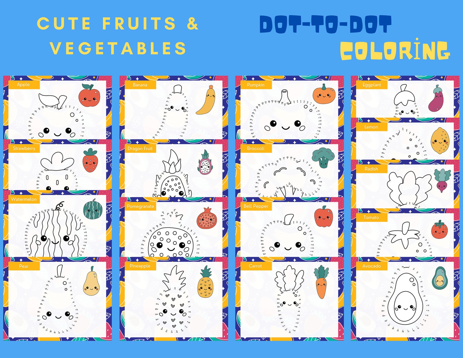 Cute Fruits & Vegetables Coloring and Dot-to-dot Book - Etsy