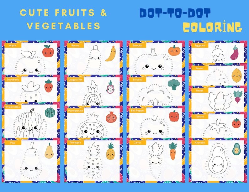 Cute Fruits & Vegetables Coloring and Dot-to-dot Book - Etsy