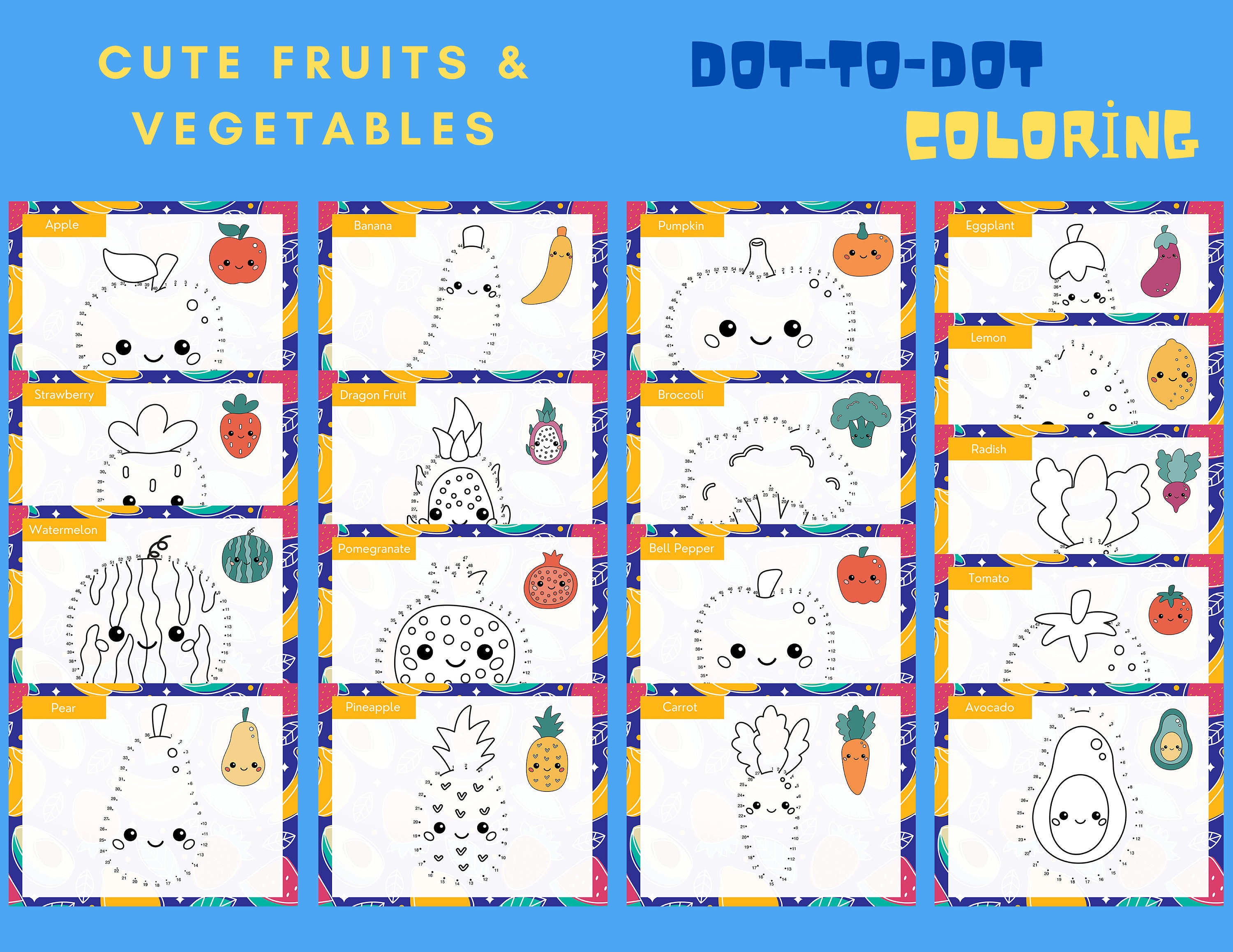 Cute Fruits & Vegetables Coloring and Dot-to-dot Book - Etsy