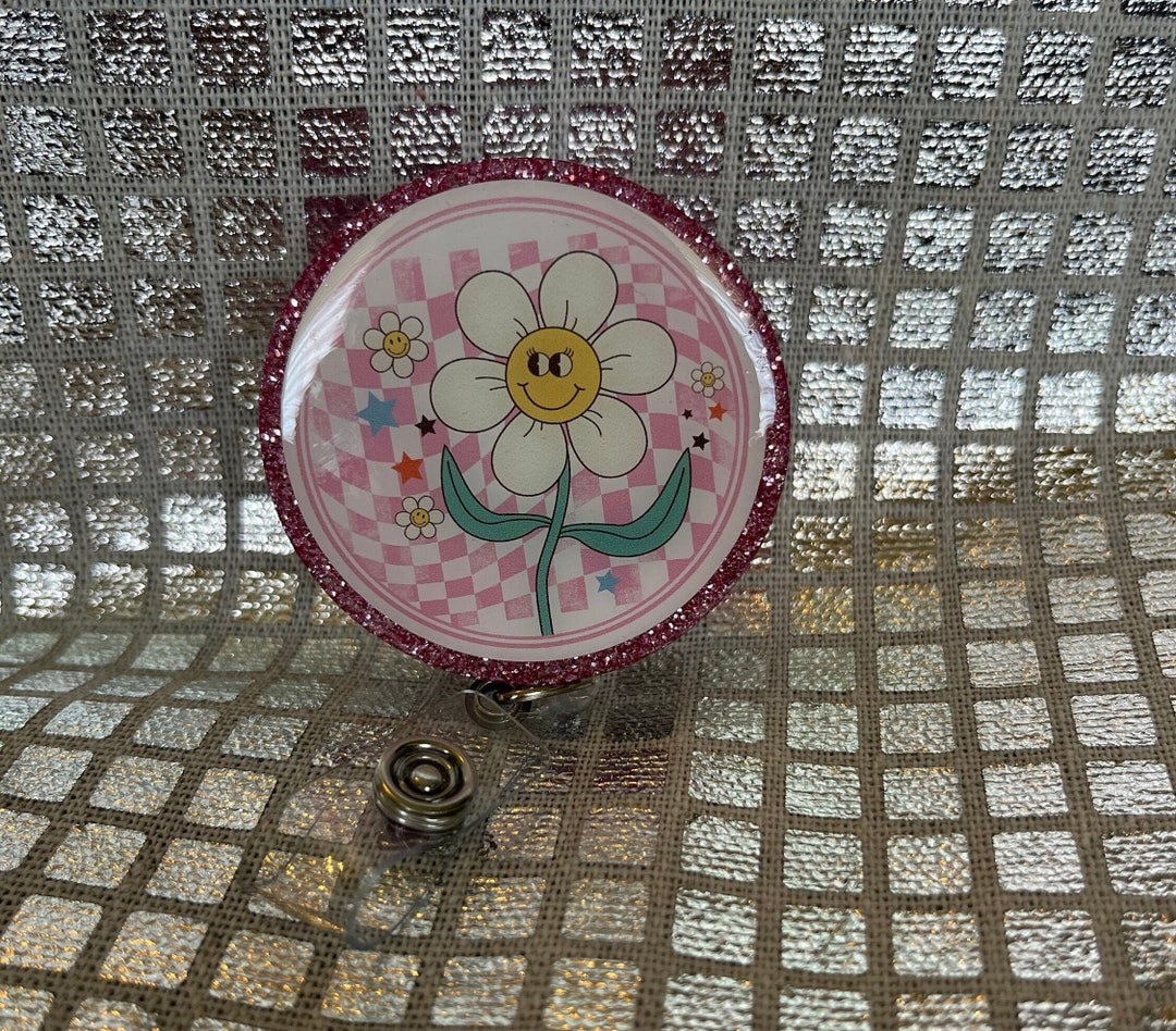 Pink Glitter and Flowers Badge Reel - Etsy