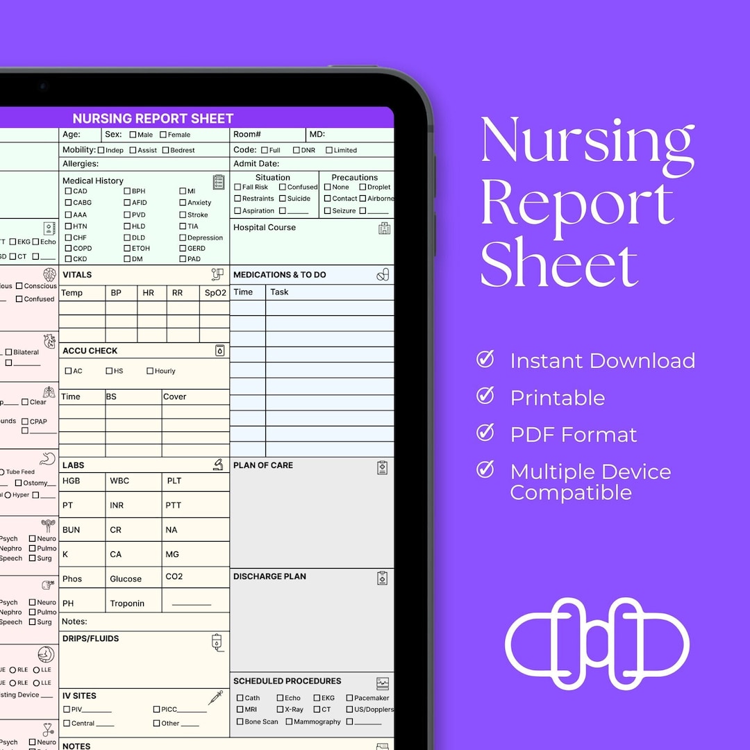 Nursing Report Sheet, Nurse Brain Sheet, RN Handoff Tool, Nurse Report ...