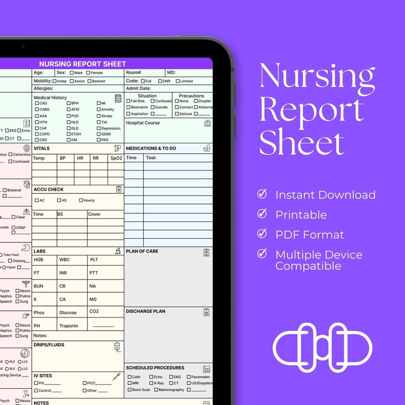Nursing Report Sheet, Nurse Brain Sheet, RN Handoff Tool, Nurse Report ...