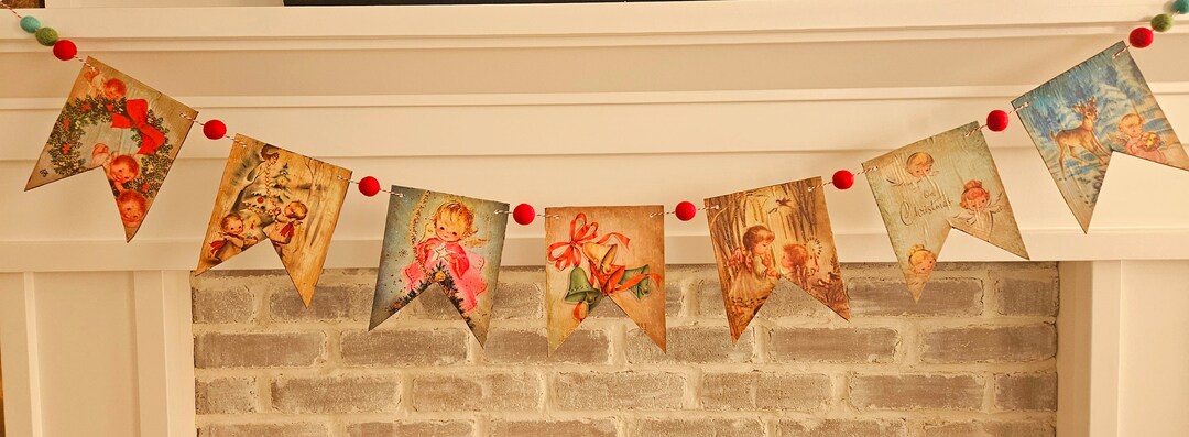 Vintage Christmas Postcard Banner, Holiday Mantel Decor - Etsy