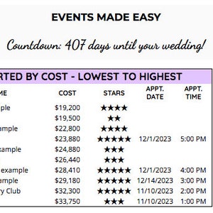 Events Made Easy - Wedding Venue Cost Comparison Template - Etsy