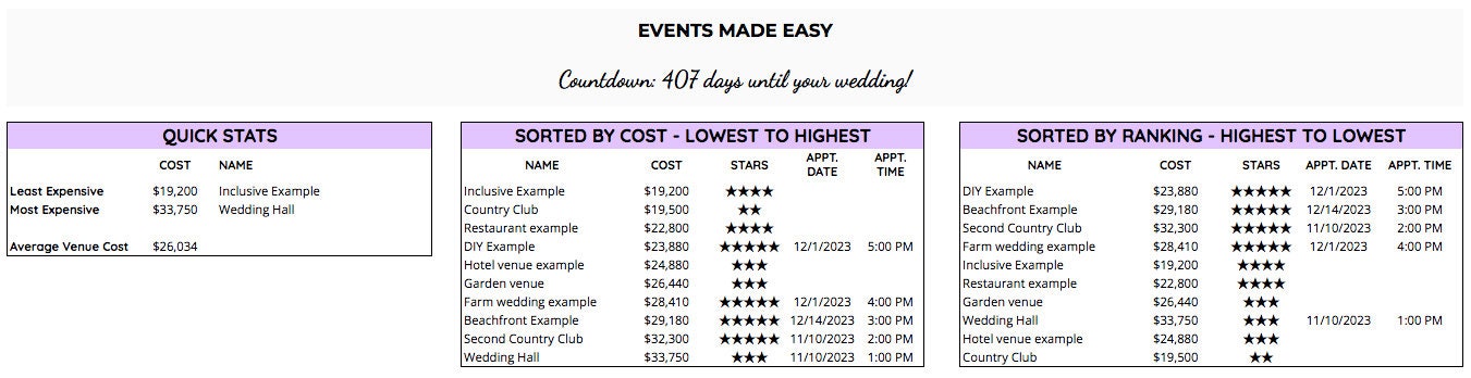 Events Made Easy - Wedding Venue Cost Comparison Template - Etsy