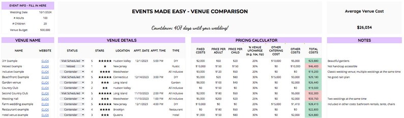 Events Made Easy - Wedding Venue Cost Comparison Template - Etsy