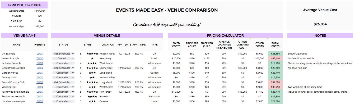 Events Made Easy - Wedding Venue Cost Comparison Template - Etsy