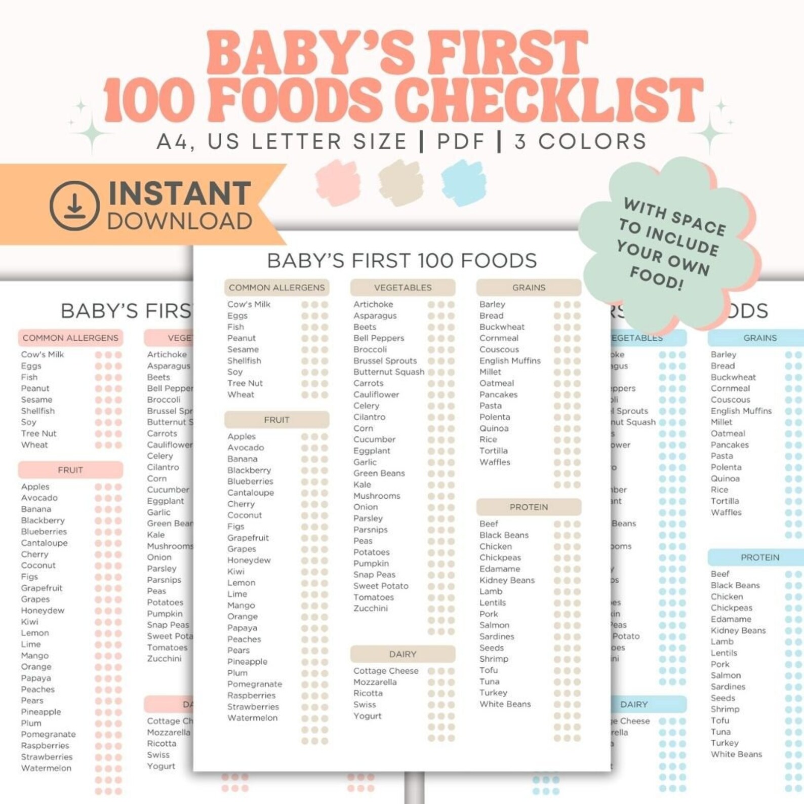 Baby's First 100 Foods Checklist, Weaning Chart, Baby Food Tracker ...