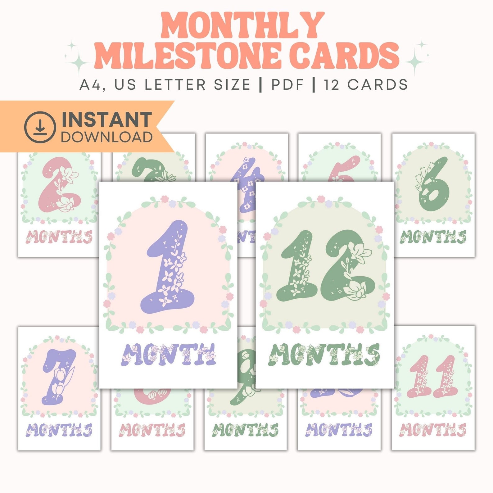 Baby Monthly Milestone Cards, Month Cards, Whimsical, Floral, Baby ...