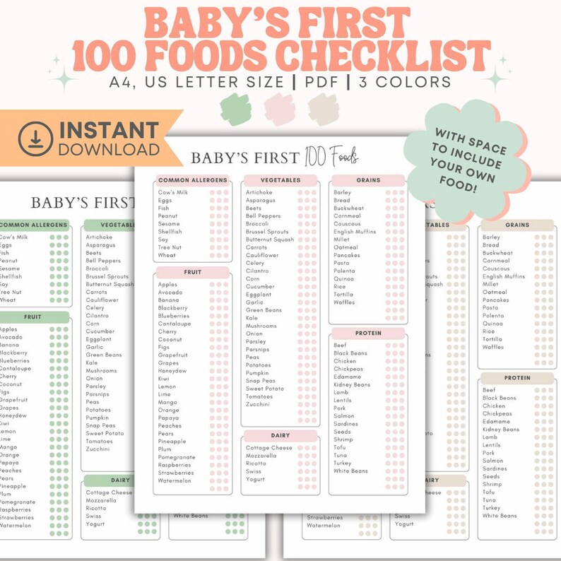 Baby's First 100 Foods Checklist, Weaning Chart, Baby Food Tracker ...