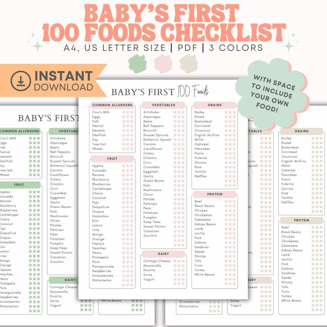 Baby's First 100 Foods Checklist, Weaning Chart, Baby Food Tracker ...