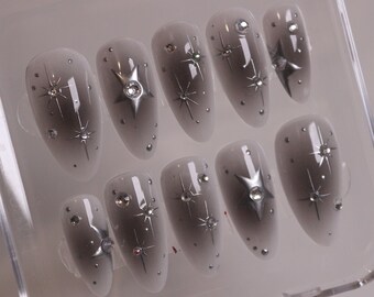 Black Stars Press on Nails, Black Coffin Nails, Custom Fake Nails, Handpainted False Nails ...
