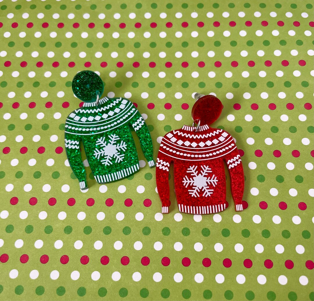 Sparkly Red & Green Tacky Christmas Sweater Earrings / Women's Holiday ...