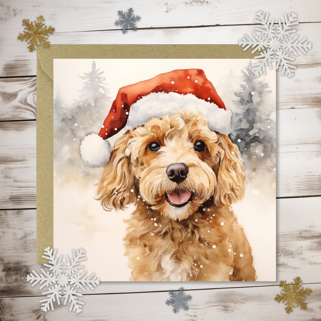Apricot/red Cockapoo Wearing Santa Hat Watercolour Christmas - Etsy UK