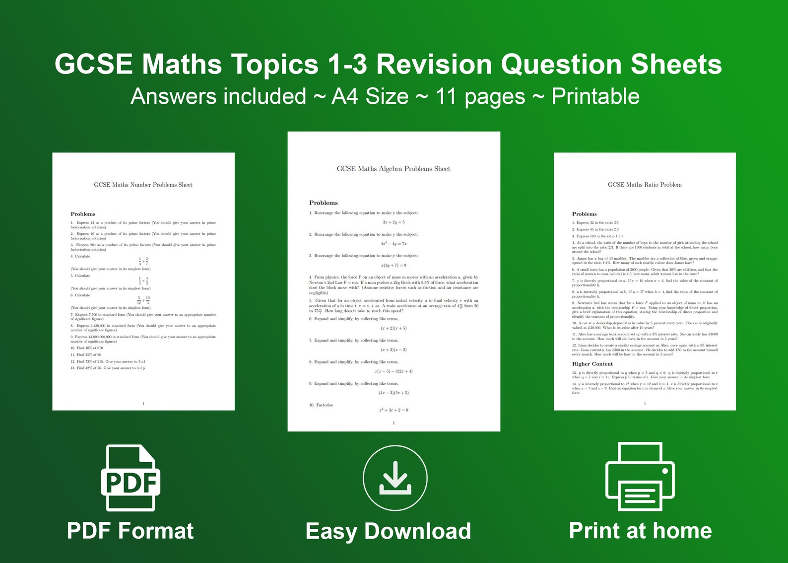 2024 GCSE AQA Maths Topics 1-3 Revision Question Sheets + Answers | PDF ...