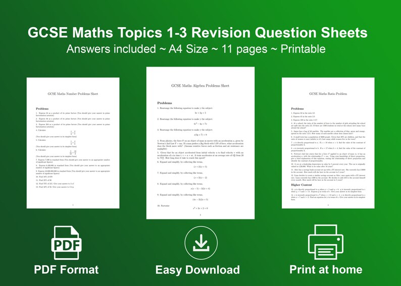2024 GCSE AQA Maths Topics 1-3 Revision Question Sheets + Answers | PDF ...