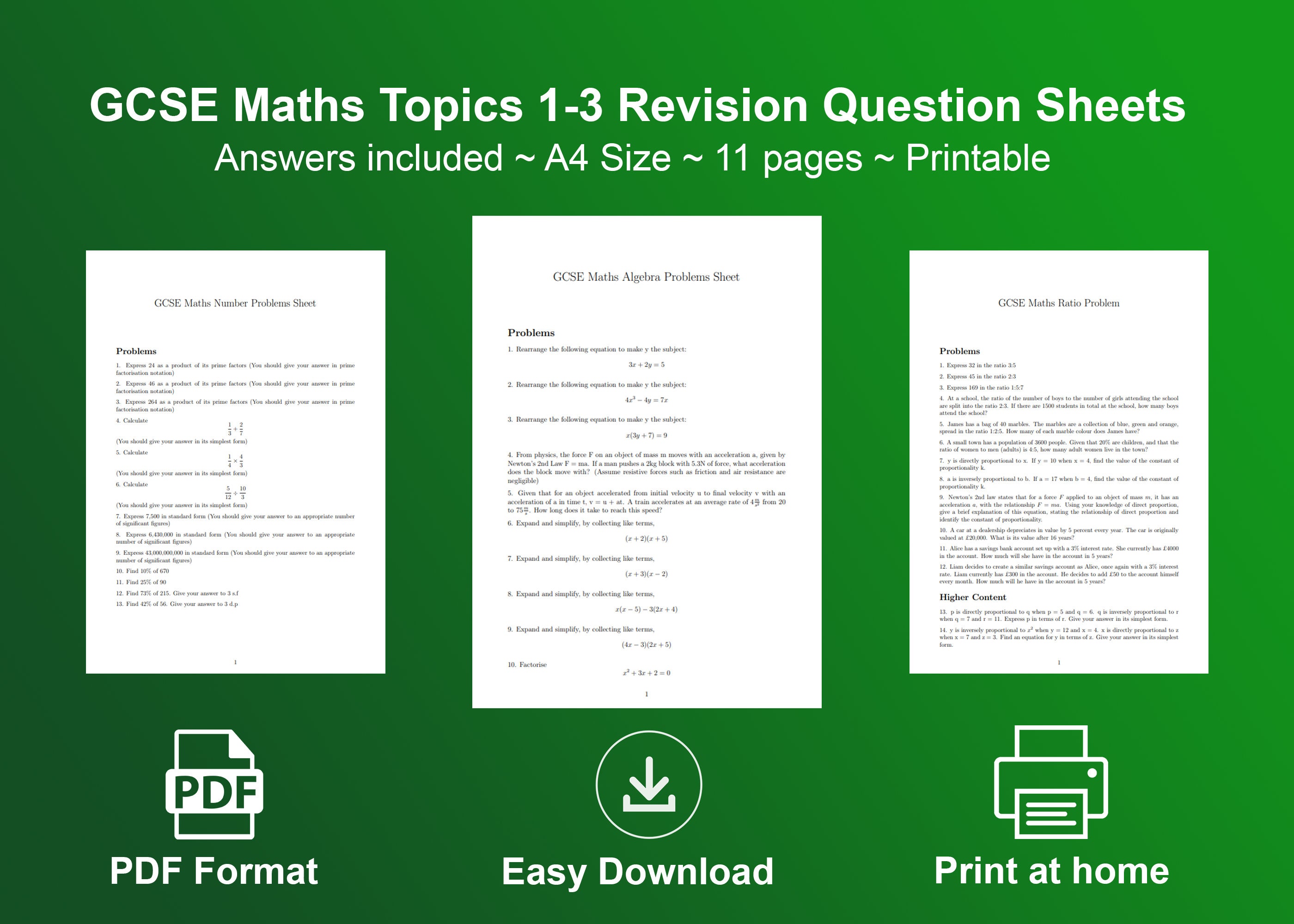 2024 GCSE AQA Maths Topics 1-3 Revision Question Sheets + Answers | PDF ...