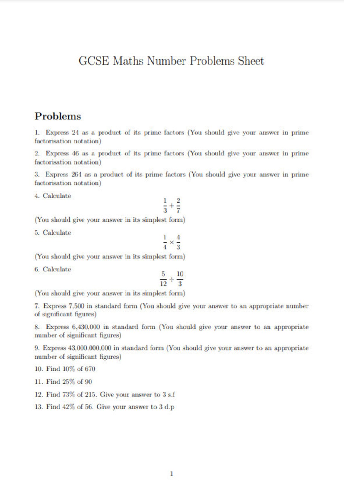 2024 GCSE AQA Maths Topics 1-3 Revision Question Sheets + Answers | PDF ...