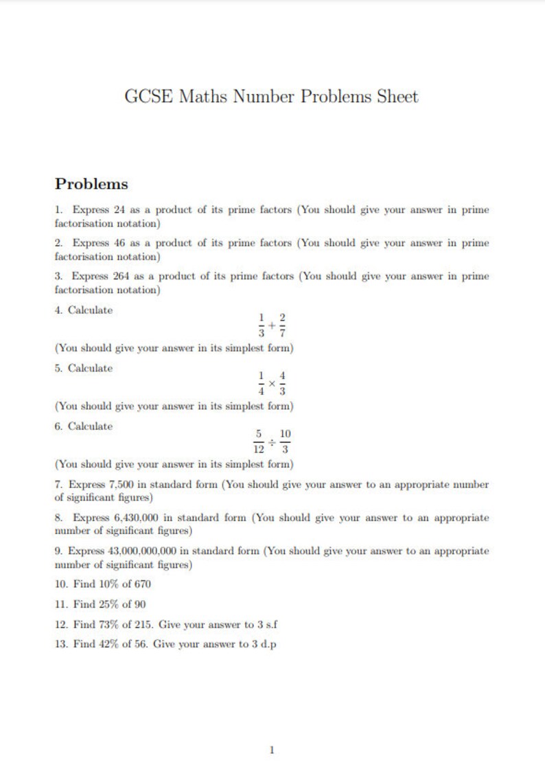 2024 GCSE AQA Maths Topics 1-3 Revision Question Sheets + Answers | PDF ...