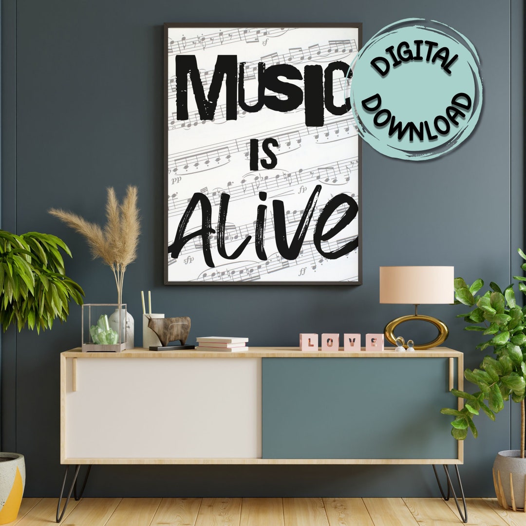Music is Alive Printable Digital Wall Art Oversized Black Letters Line ...