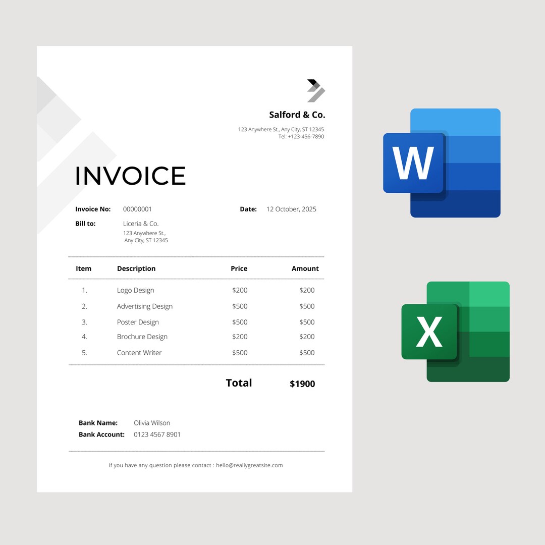 Simple Invoice Template, Modern and Professional Invoice, Microsoft ...