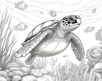 Sea Turtles Grayscale Coloring Pages, Underwater Scene, Marine Life ...
