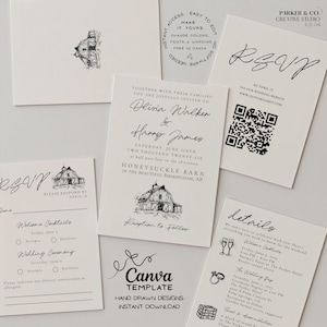Rustic Barn Wedding Invitation Suite | Hand Drawn Editable Canva ...