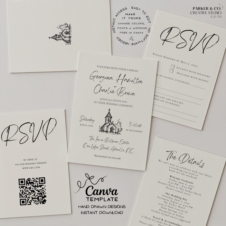 Classic Church Wedding Invitation Suite | Hand Drawn Church Design ...
