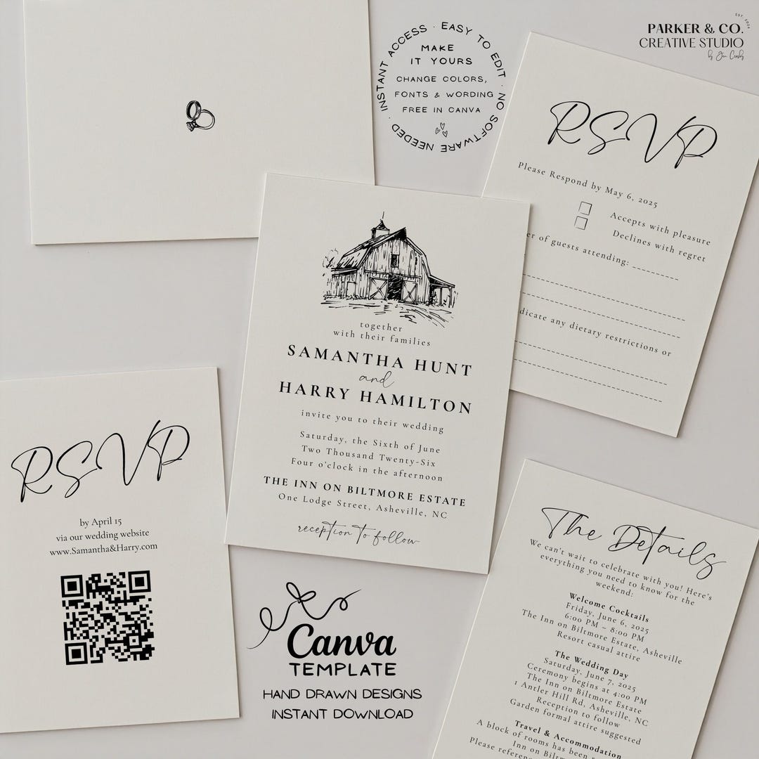 Rustic Barn Wedding Invitation Suite | Hand Drawn Editable Canva ...