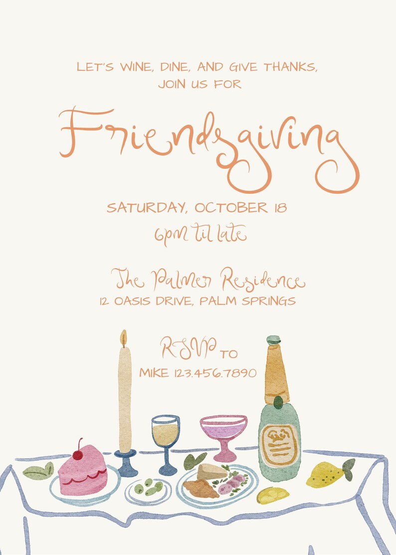 Editable Friendsgiving Invitation | Hand Drawn Watercolor Thanksgiving ...