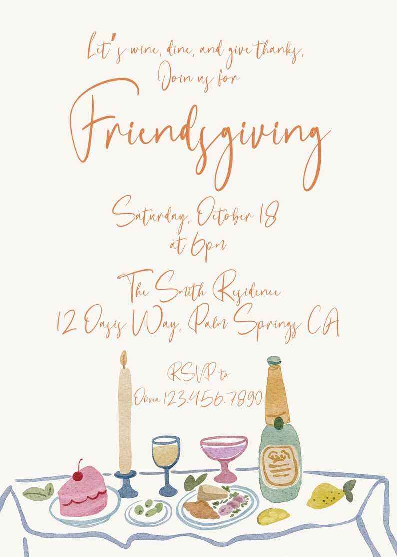 Editable Friendsgiving Invitation | Hand Drawn Watercolor Thanksgiving ...