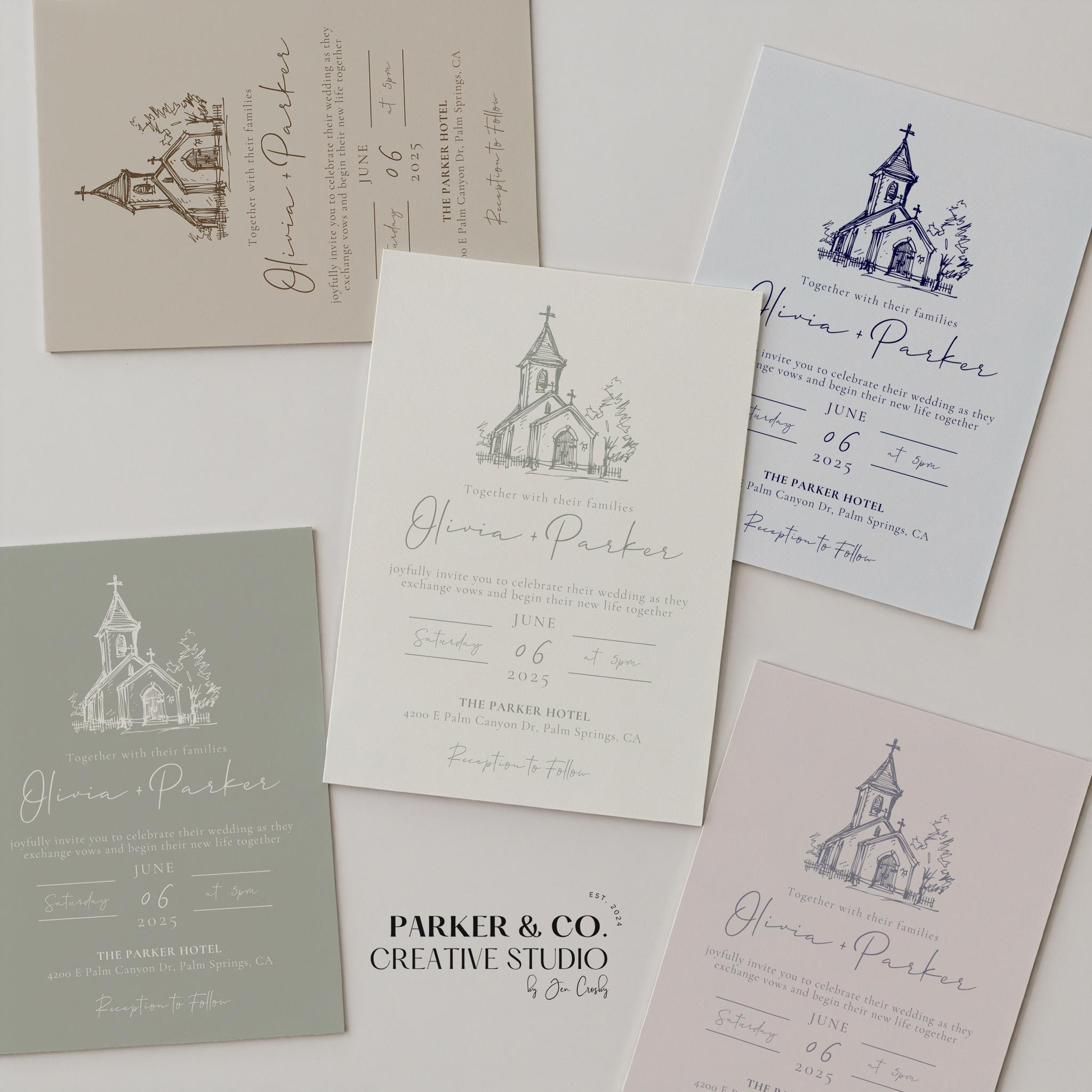 Editable Elegant Church Wedding Invitation Suite | Hand Drawn Chapel ...
