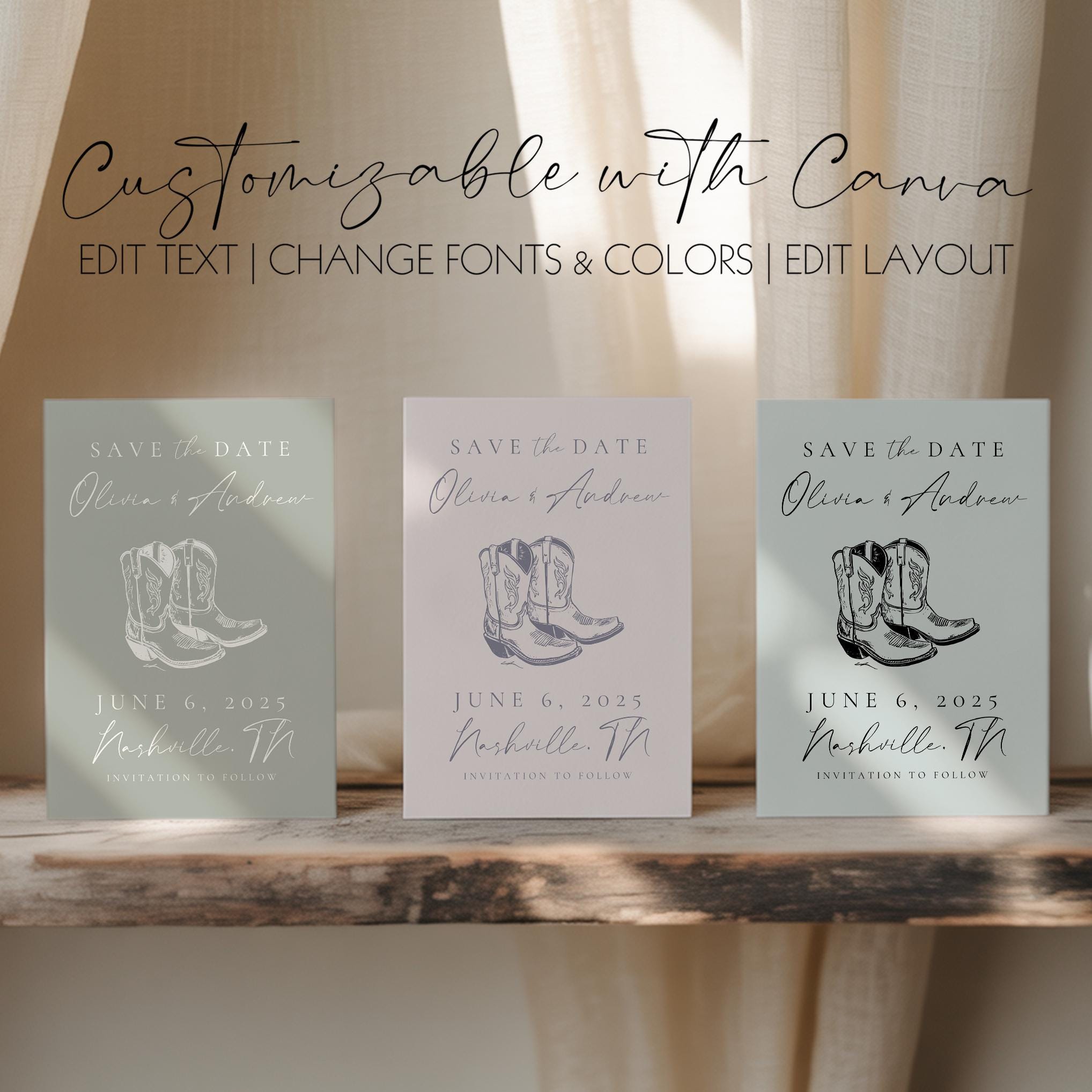 Editable Save the Date | Hand Drawn Rustic Cowboy Boots Design | Canva ...