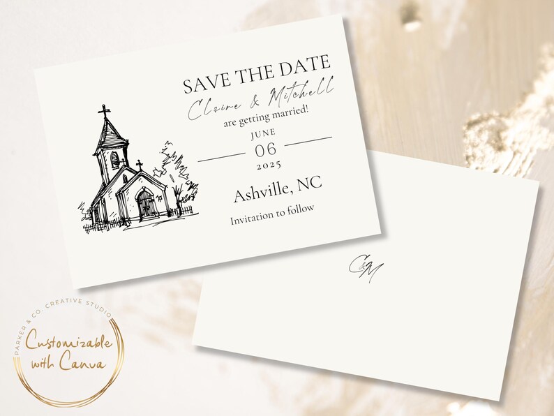 Custom Hand Drawn Digital Wedding Save the Date - Church Illustration ...