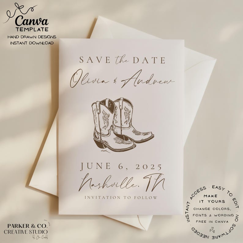Editable Save the Date | Hand Drawn Rustic Cowboy Boots Design | Canva ...