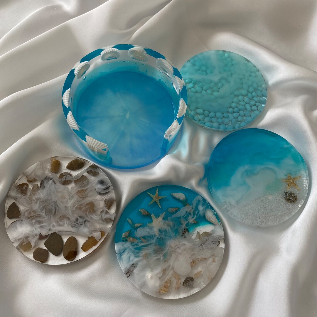 Handmade Sea Resin Coaster Set With Stand: Beach Home Decor - Etsy